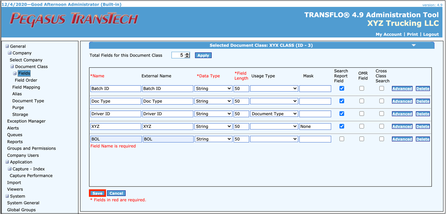 Transflo DMS Field Mapping
