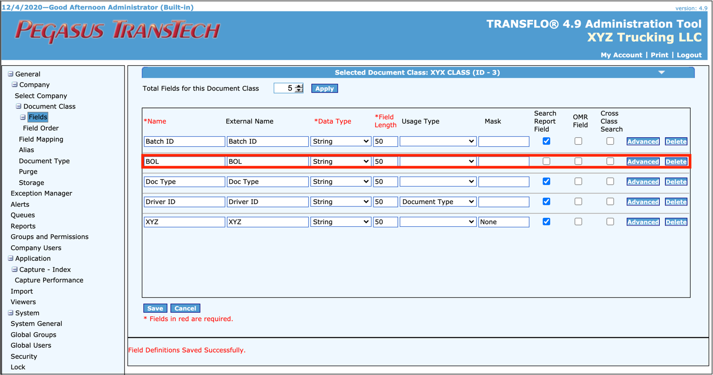 Transflo DMS Field Mapping
