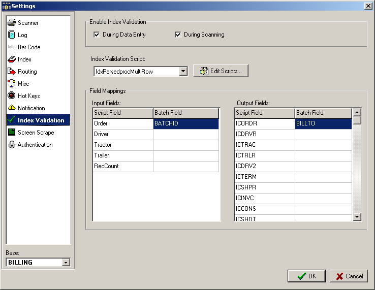 Index Validation Settings