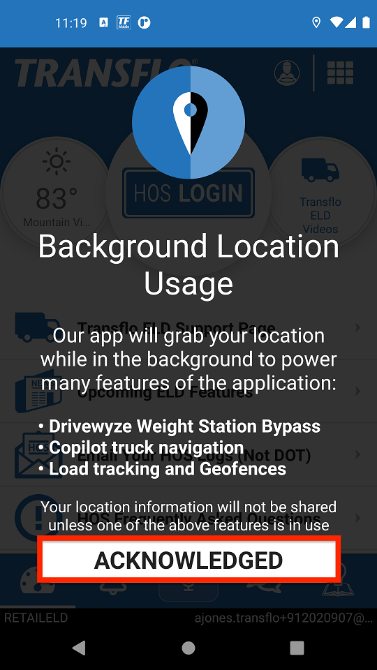 Log in to the Transflo HOS App