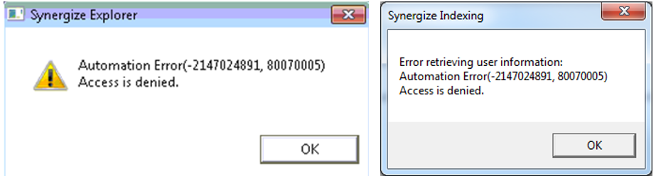 Resolve Error Retrieving User Info: Access Denied in Synergize Explorer or Indexing