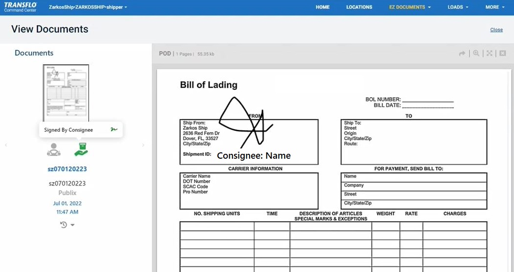 Upload an eBOL for a Shipment